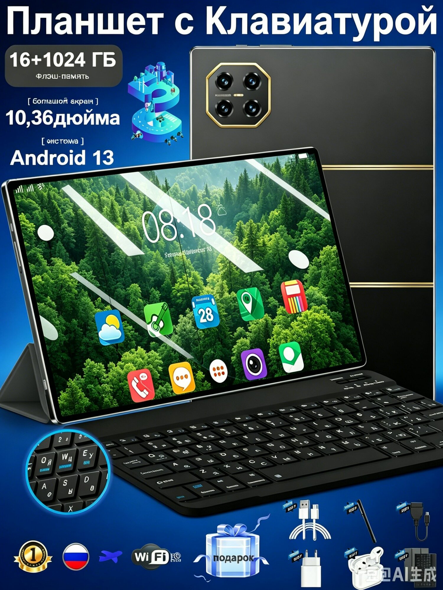 Планшет планшет андроид, Планшетный компьютер, Android 13, 10,36", 16 ГБ+1024 ГБ, 12000 мАч, Wi-Fi+Bluetooth+ GPS, Bluetooth-клавиатура +Bluetooth-гарнитура + магнитный чехол + стилус, для тренировок/учиться/бизнеса/игр, 10.36" 16 ГБ/1024 ГБ, черно-серый