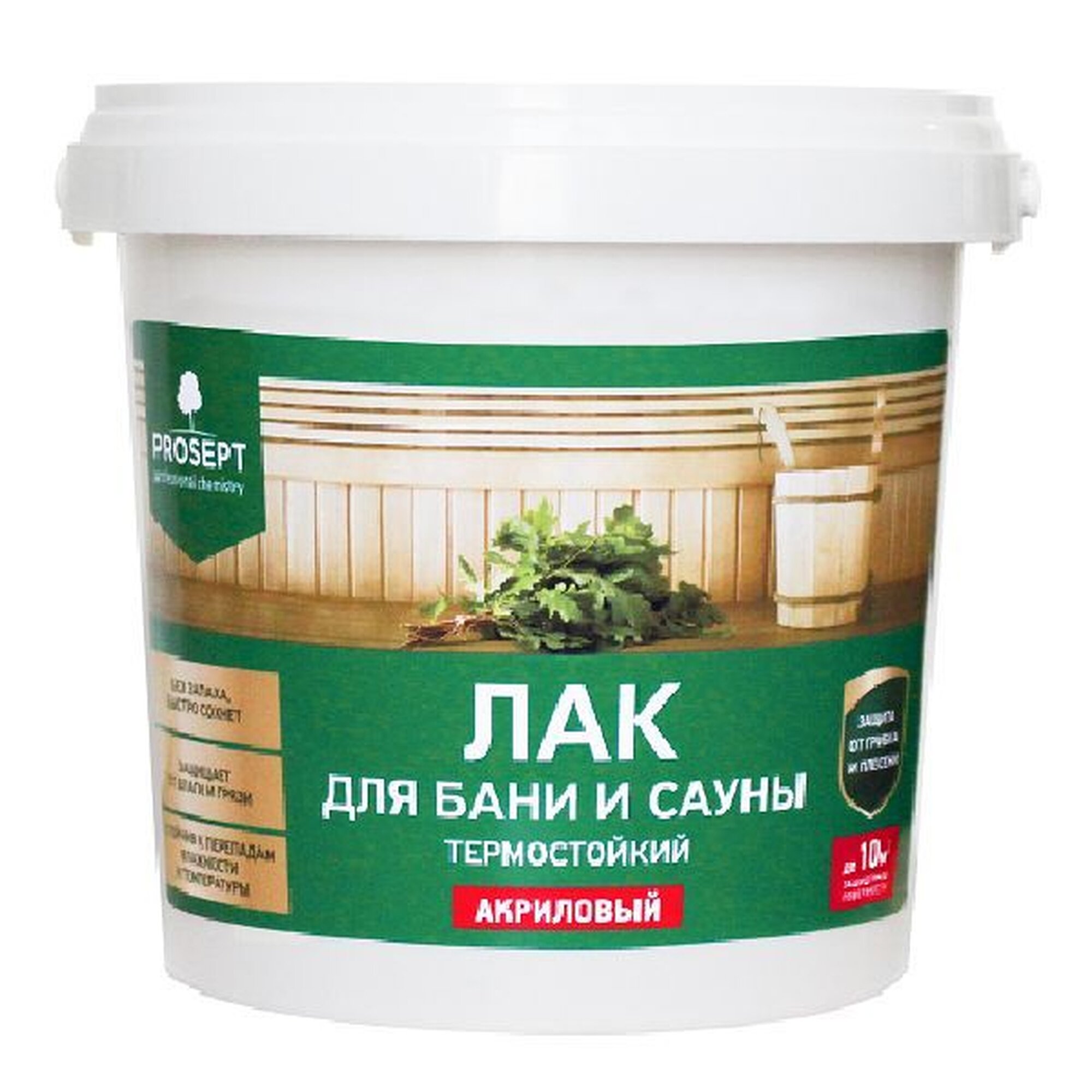 Лак PROSEPT для бани и сауны, термостойкий, объем 0,9л, акриловый