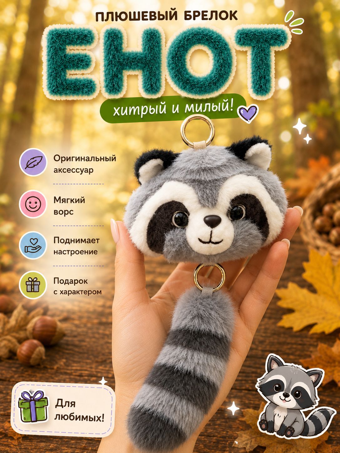 Мягкая игрушка-брелок Енот