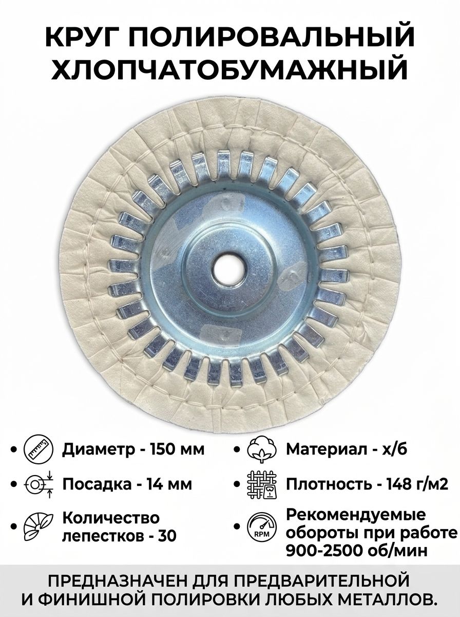 Круг полировальный GTOOL хлопчатобумажный 150мм, посадка 14мм