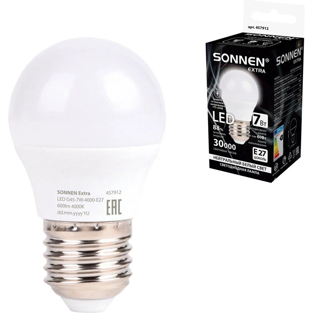 Лампа светодиодная SONNEN EXTRA 7 (60) Вт E27 шар нейтральный белый LED G45-7W-4000-Е27, 457912