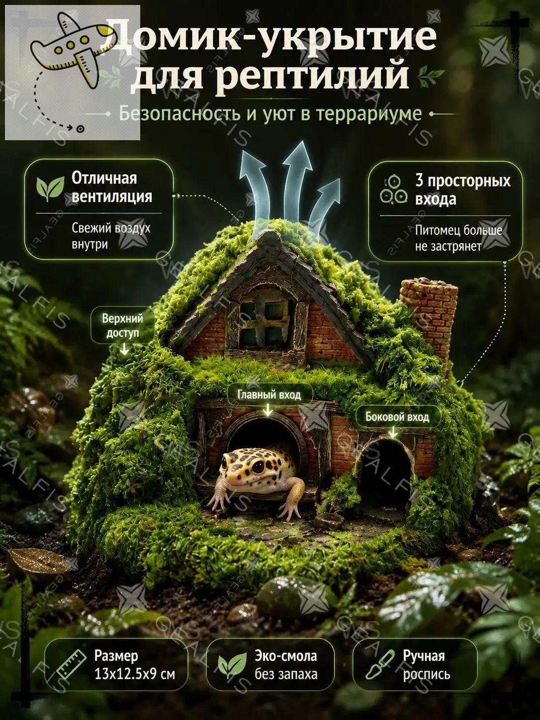 Эксклюзивный террариумный декоративный элемент, созданный из экологичной смолы, дополненный мхом, применяется для геккона и эублефара