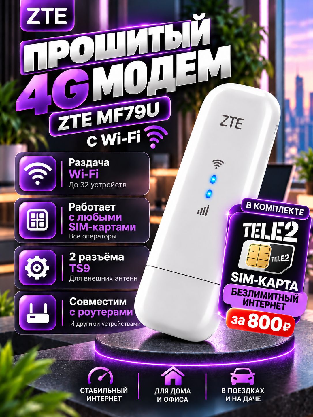 USB модем 4G MF79U с раздачей WiFi для интернета с безлимитом за 800!