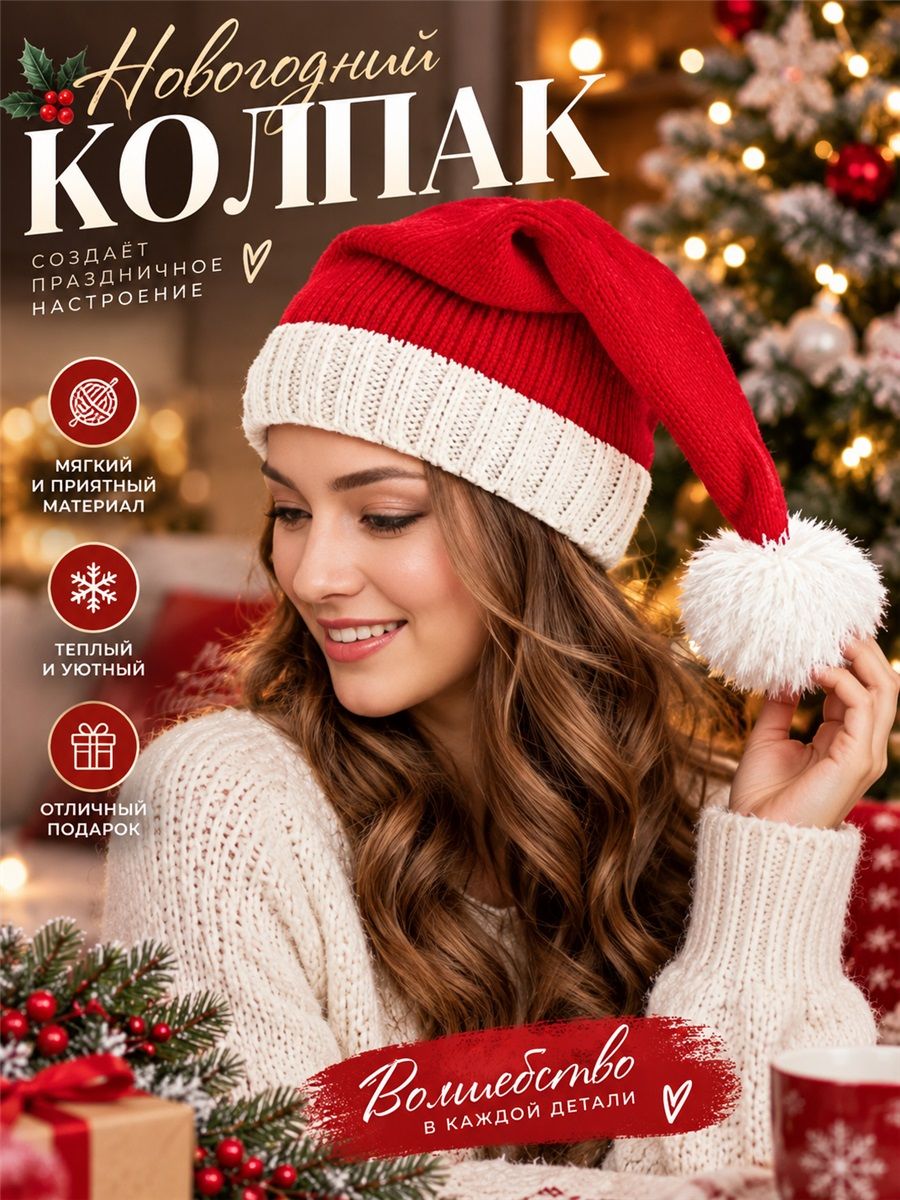 Новогодние шапки для взрослых и детей, комплект 2 шт, красные вязаные колпаки Санты с помпоном для Нового года и Рождества