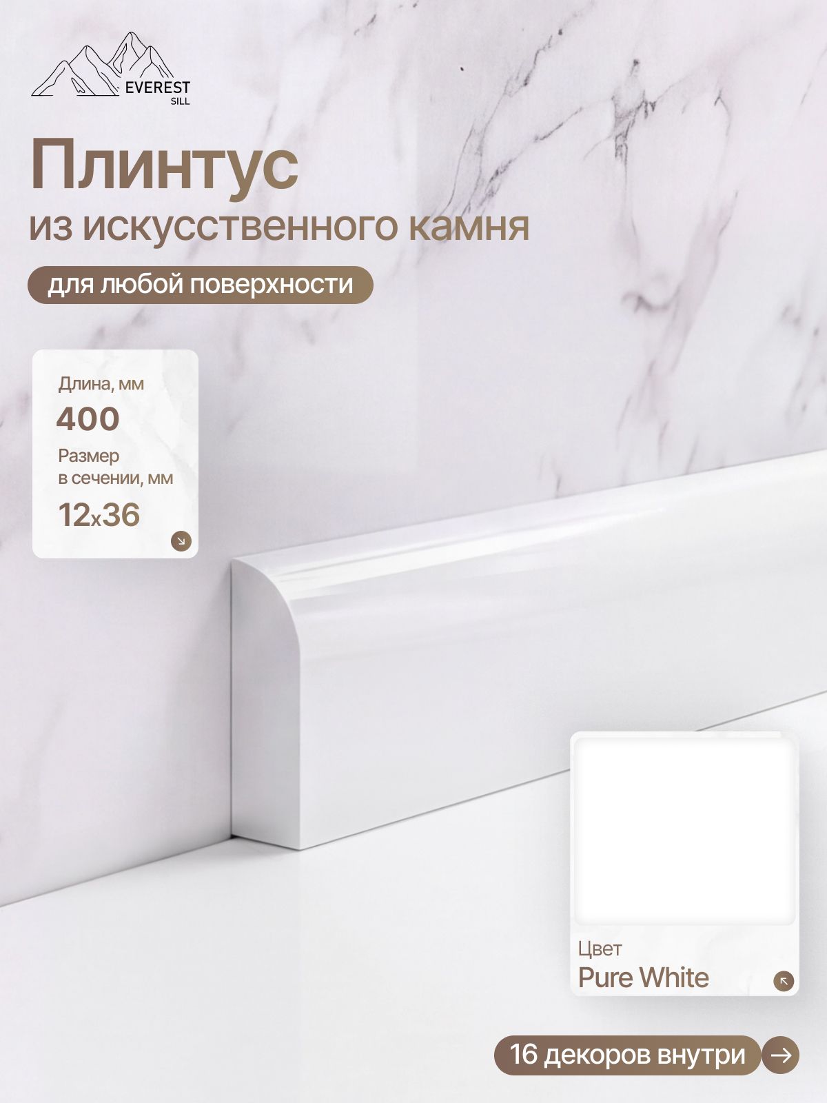 Плинтус-наличник из искусственного камня сечение 12x35 мм, длина 400 мм, Pure White