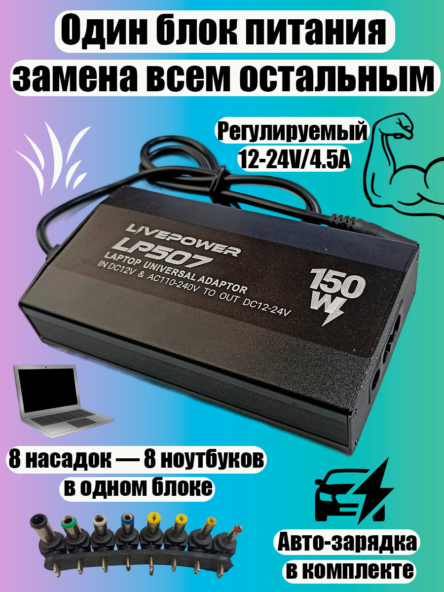 Универсальный блок питания для ноутбука, питание от сети 220B, регулируемый 12-24V/4.5A, USB 5V/2A, шнур 1 м + 8 насадок + зарядка от автоприкуривателя