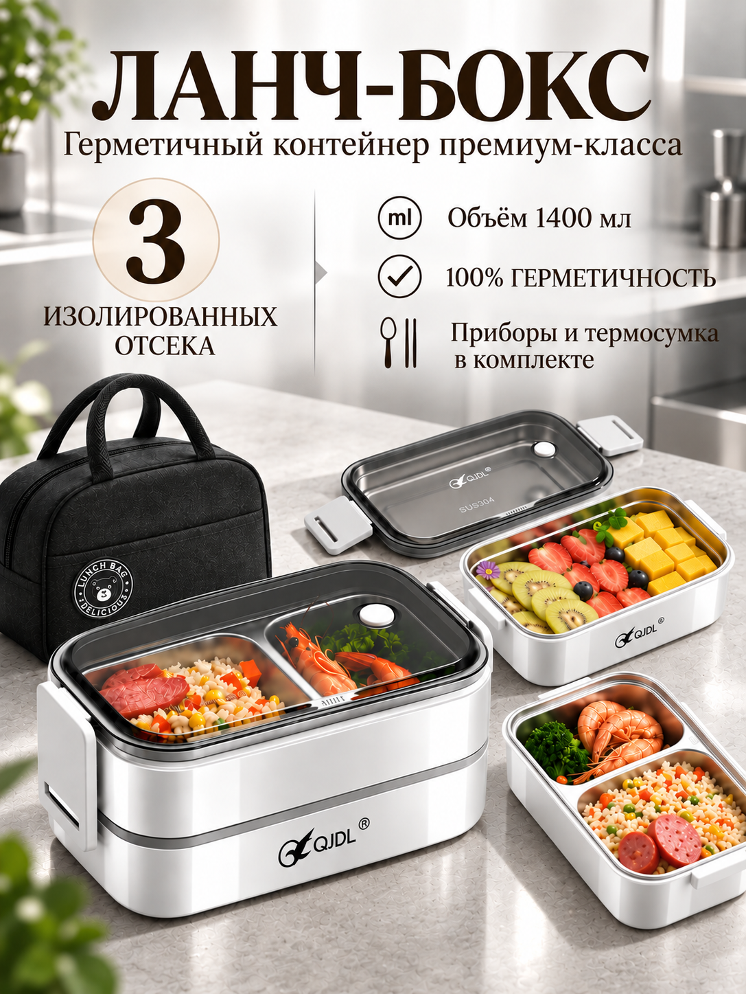 Ланч-бокс для еды с термосумкой, металлический герметичный контейнер 1400мл, с отделениями, нержавеющая сталь