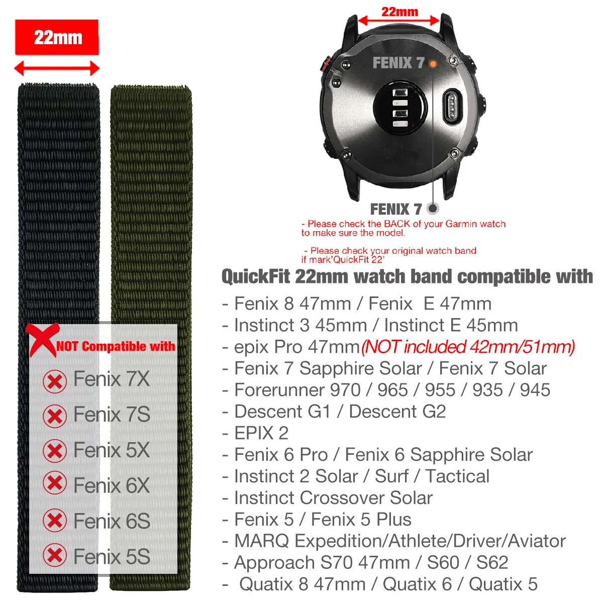 Ремешок для часов YOOSIDE Woven Nylon 26 мм 22 мм для Garmin Черный, 22mm, 2PCS 22mmBlack Green