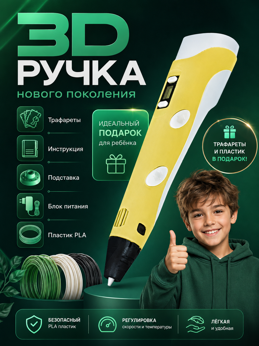 3Д Ручка детская 3DPEN-3, 3D ручка для творчества 3-го поколения, Набор для творчества с трафаретом и пластиком, Желтый