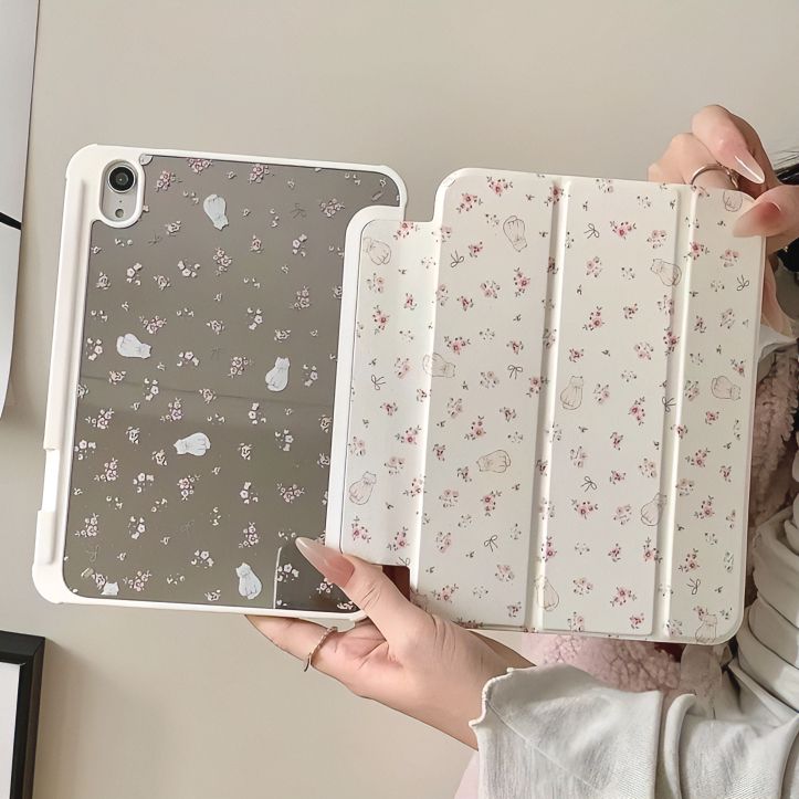 Чехол для iPad 10 (10.9 дюймов), белый зеркальный с принтом мелких цветов и милых котят, с подставкой и отделением для стилуса