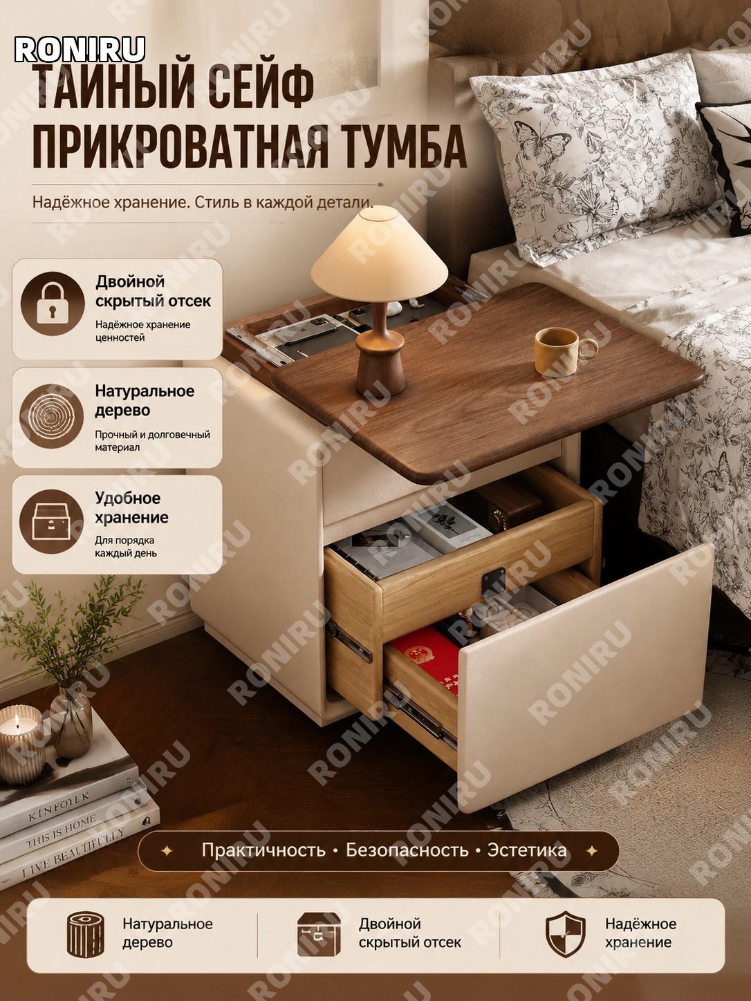 Тумбочка прикроватная с двойным скрытым отсеком 50×40×55 см, ореховая столешница, молочно-белая ENF массив дерева