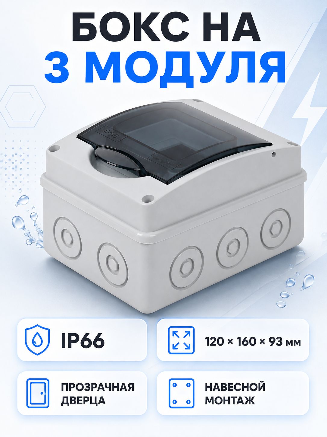 Щиток распределительный навесной RUVinil тусо 69003, 3 модуля, IP66, с прозрачной дверцей, серый