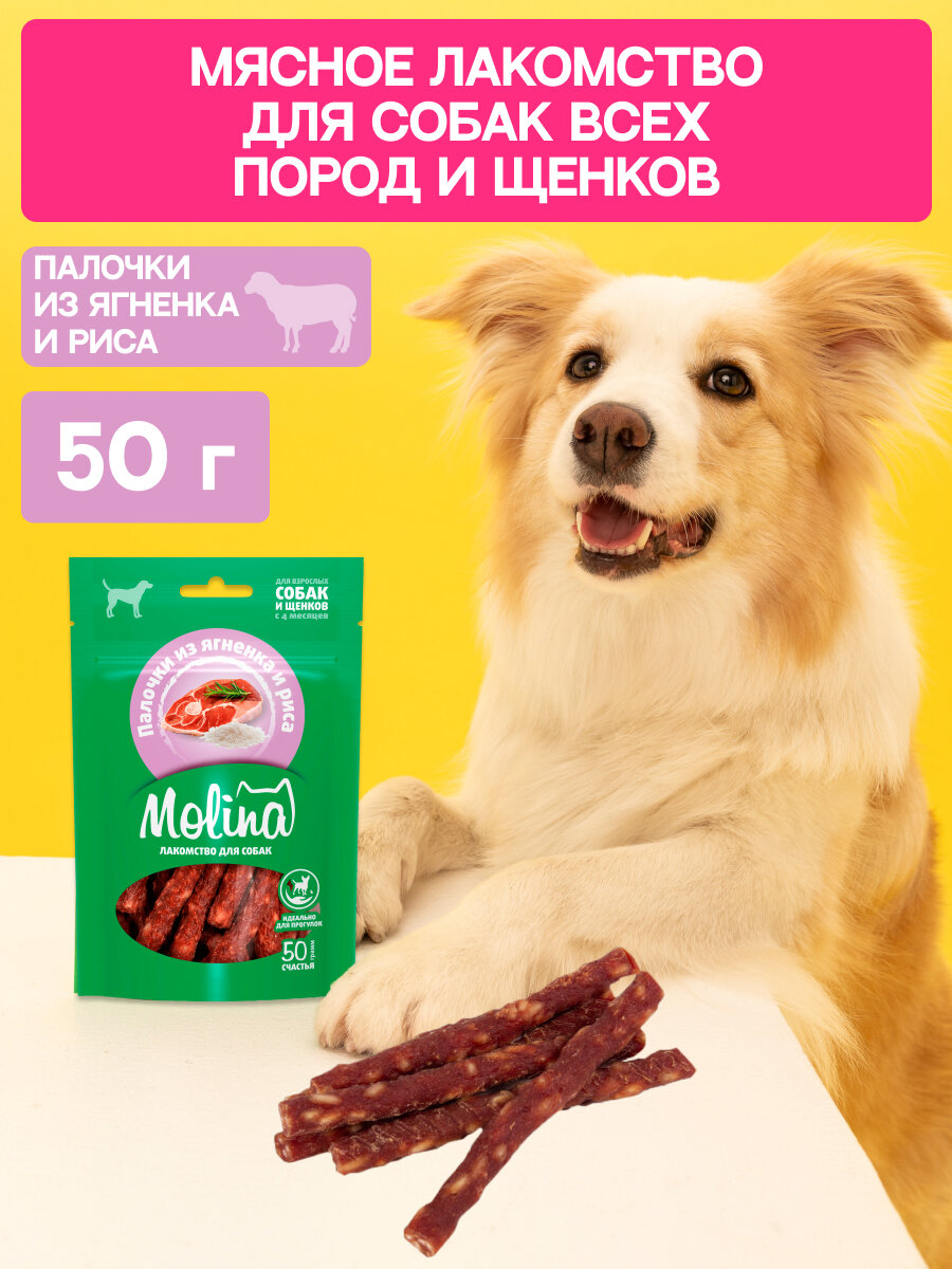 Лакомство для собак всех пород и щенков, Палочки из ягнёнка и риса, 50 г MOLINA