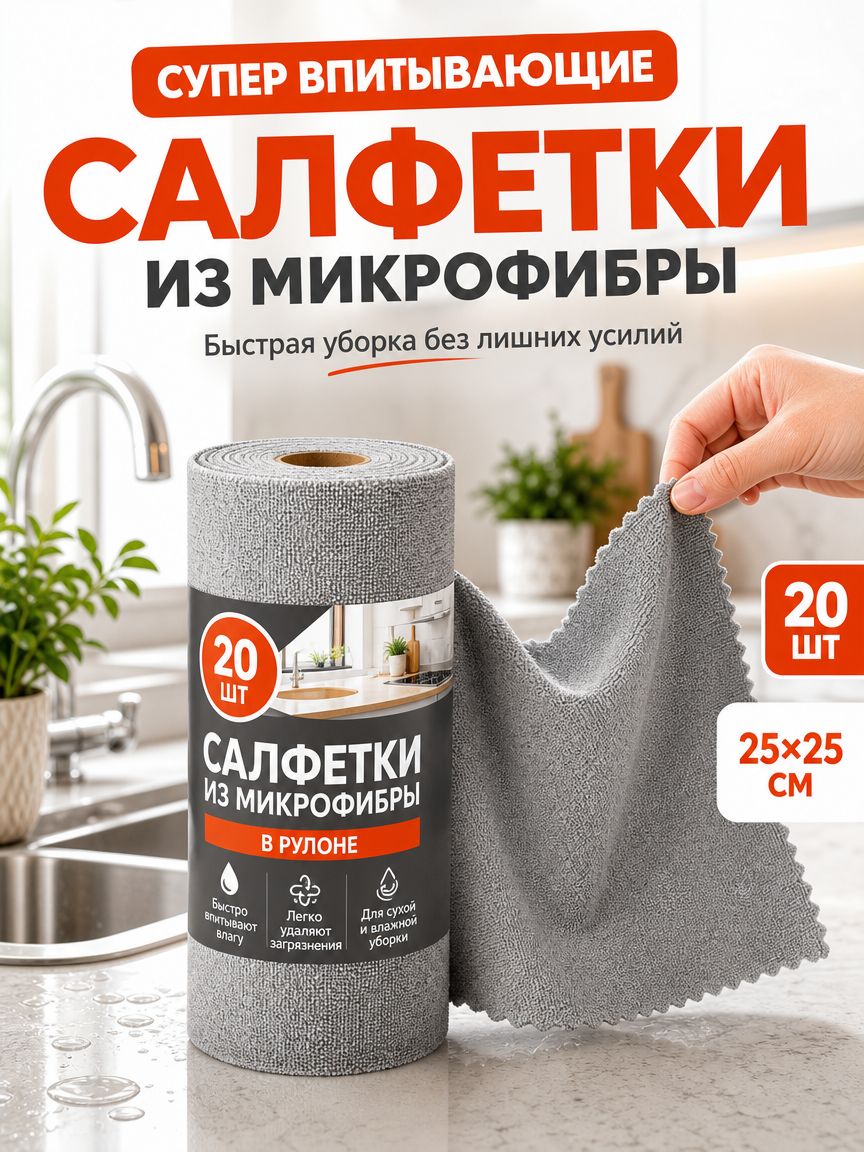 Салфетки из микрофибры для уборки, серая полиэстеровая ткань, 25х25 см, 20 шт в рулоне, для мебели, авто и маникюра.