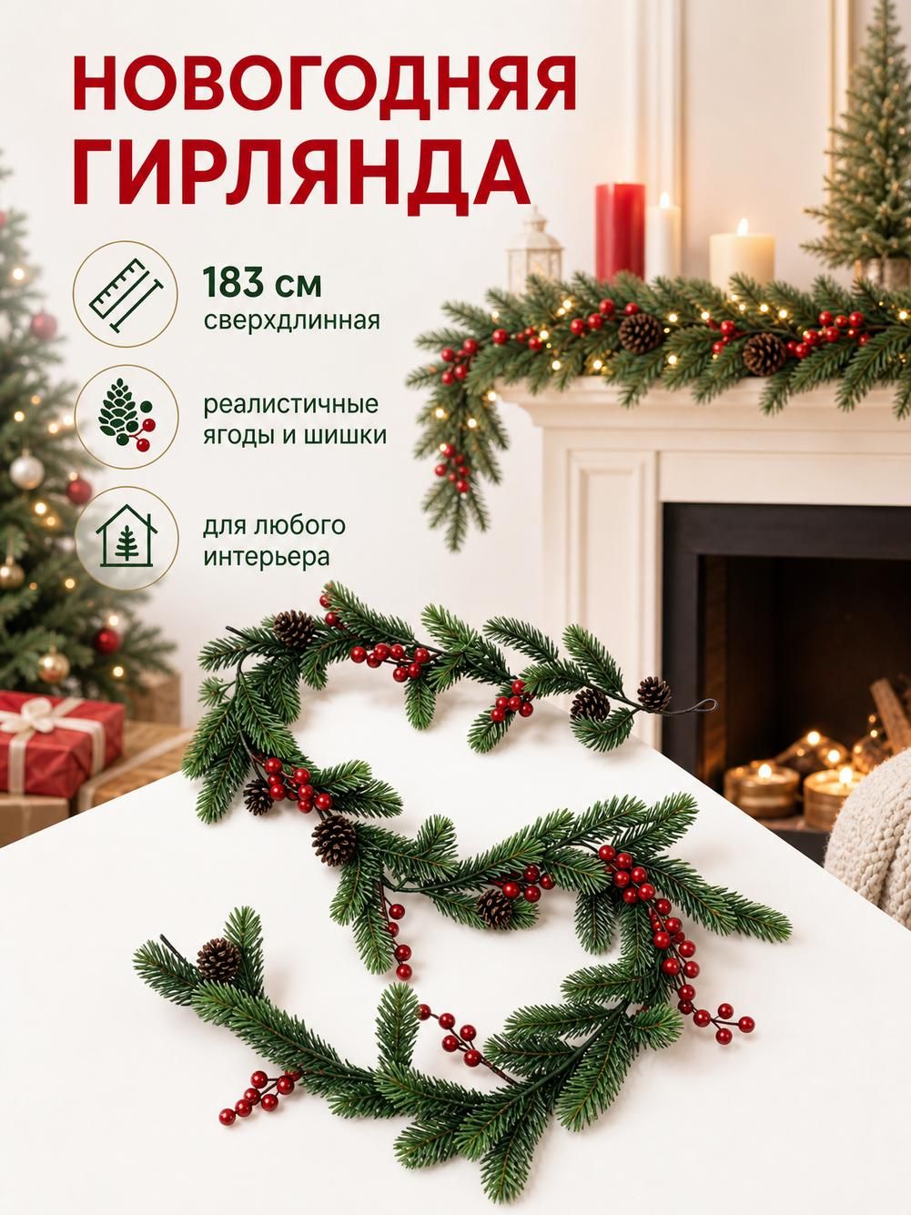 Гирлянда хвойная для Нового года, 200 см, с шишками и ягодами