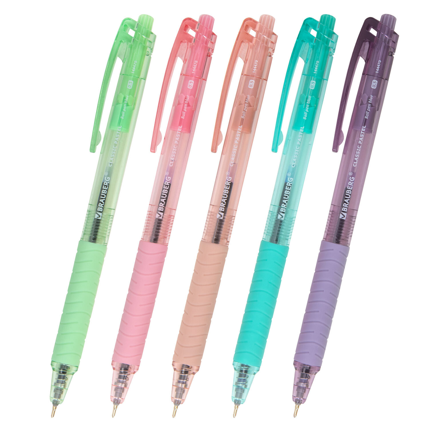 Упаковка 12 шт. Ручки шариковые автоматические с грипом BRAUBERG "CLASSIC PASTEL", синие, набор 5 ШТ, пишущий узел 0,5 мм, линия письма 0,35 мм, 144470