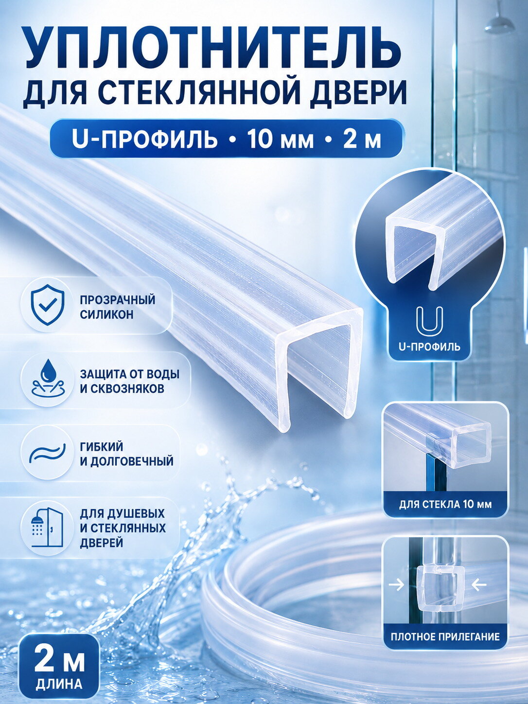 Уплотнитель для стеклянной двери душевой кабины 2 м, прозрачный U-образный профиль, зазор 10mm, для ванной, окна и двери