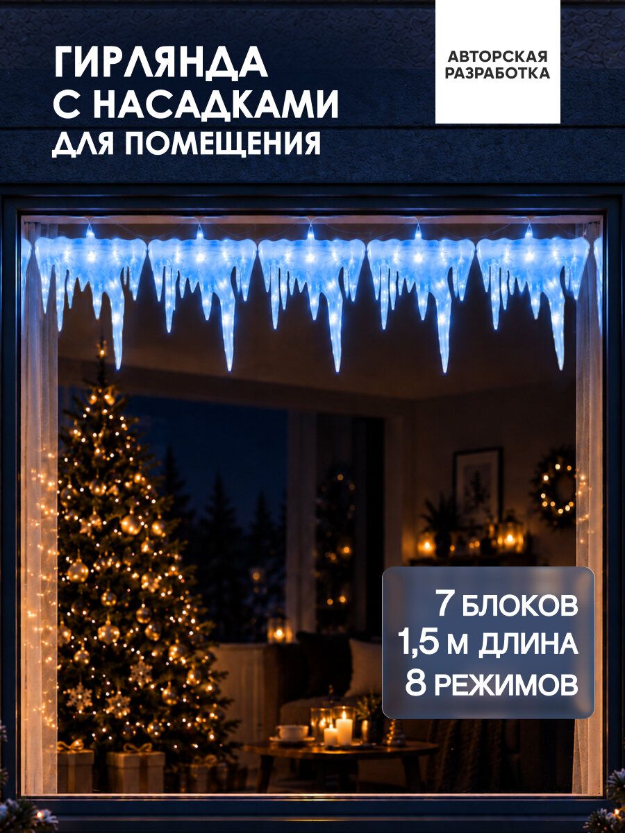 MILED Гирлянда с насадками "Сосульки", 7 блоков 21,5см, синий 1,5м+2м, 220В, 8 реж. соб. раз ГН-0042