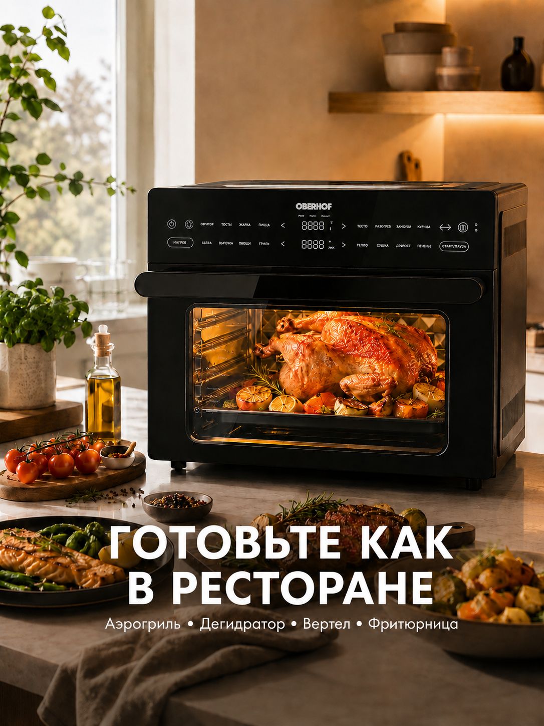 Мини печь многофункциональная OBERHOF Mofen L26, 30 л, аэрогриль, дегидратор, фритюрница, шашлычница, конвекция, 18 программ, 1800 Вт