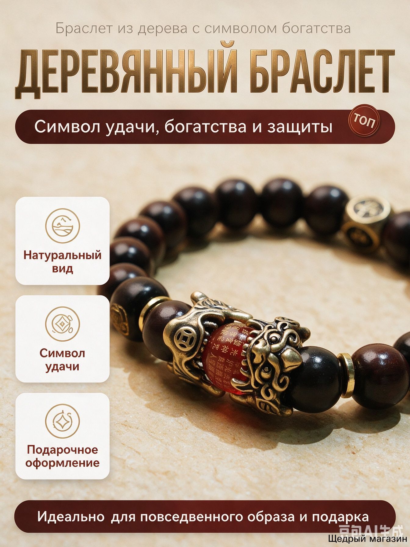 Браслет Пи Сю, обсидиан, винтаж, китайский мифический зверь, унисекс