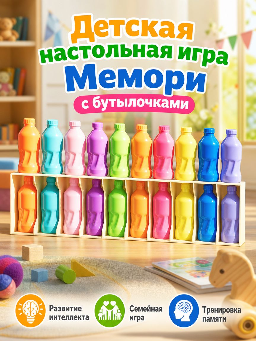 Настольная игра Угадай цвет бутылочки для детей семейная развивающая игра на память и внимание, 20 бутылочек с подставками