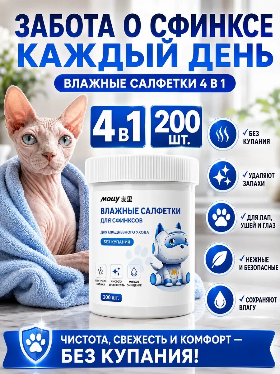 Салфетки для уборки бесшёрстных кошек