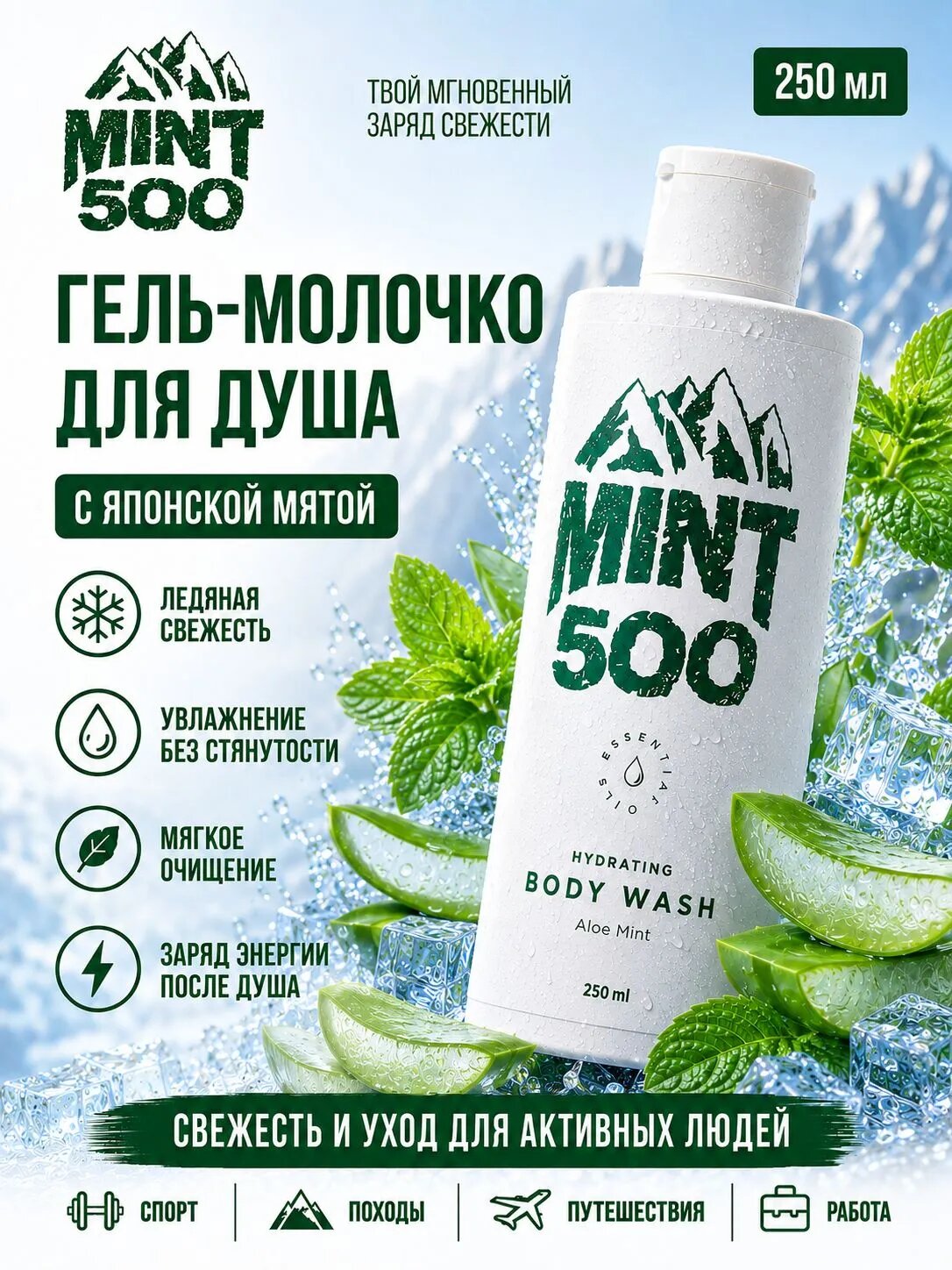 Крем гель для душа с алоэ и мятой, питание и восстановление кожи Mint500 Hydrating Body Wash 250 мл