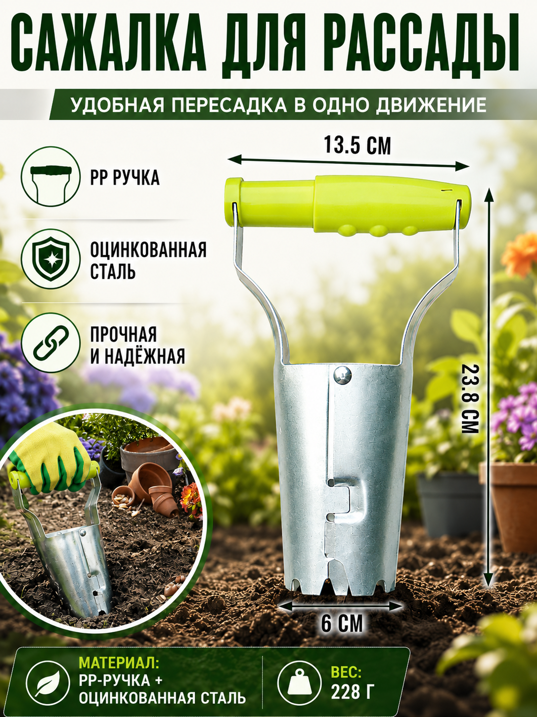 Стальная лункорезка для посадки растений с удобной ручкой, которая быстро формирует лунки в земле,1, серебристый,1