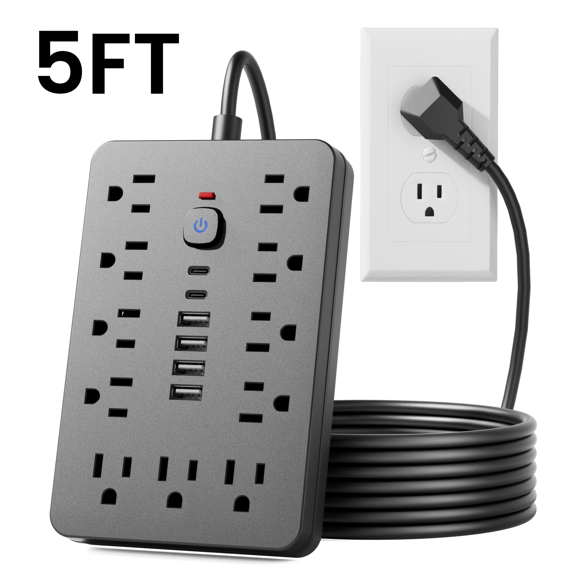 Удлинитель с 11 розетками, 4 USB и 2 USB-C портами, черный, кабель 5 футов, плоская вилка, настенный монтаж, защита от перегрузки