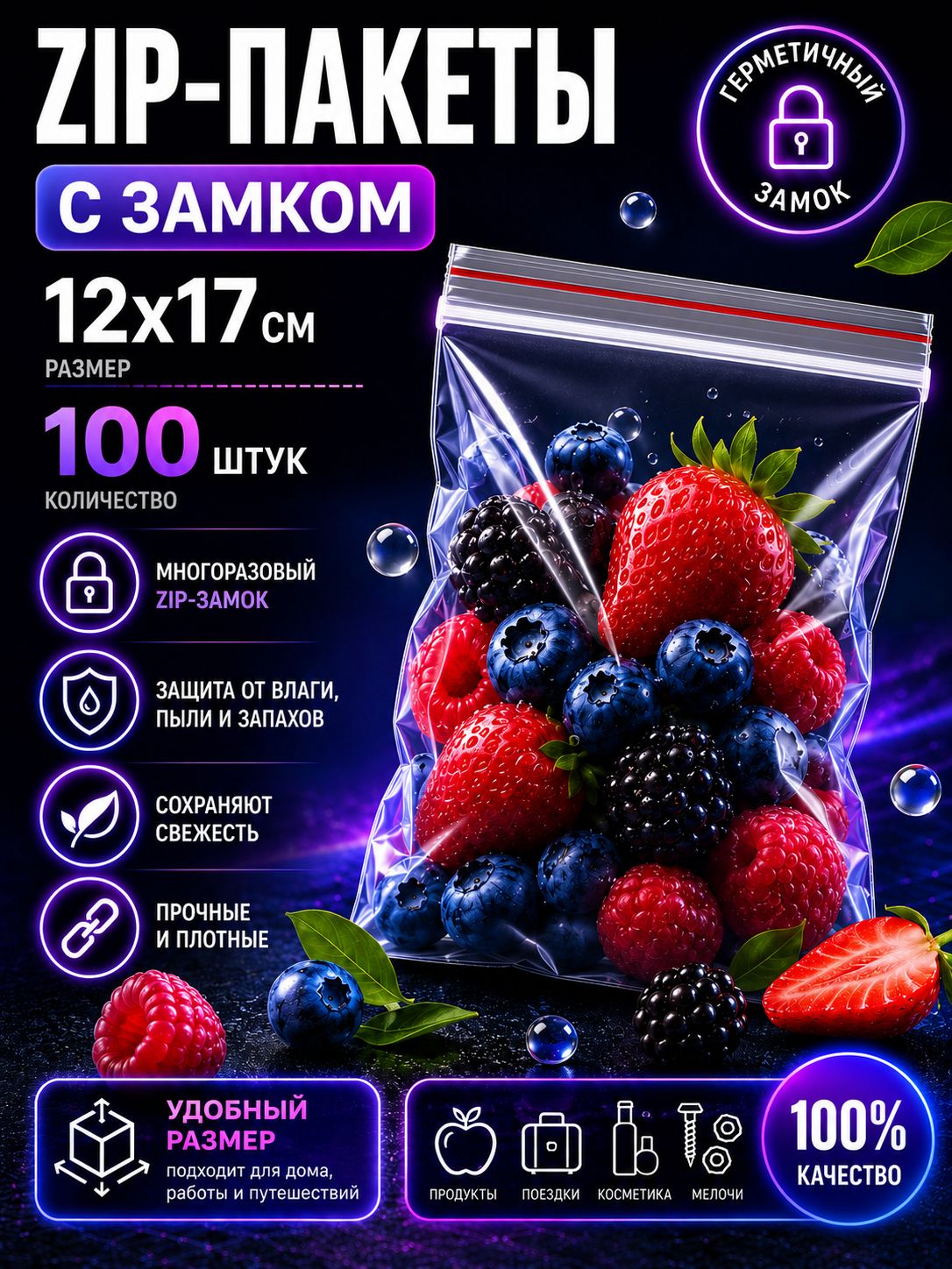 Пакеты зип лок 12х17 см, 100 шт, пакеты с замком zip-lock пищевые , 35мкм, грипперы