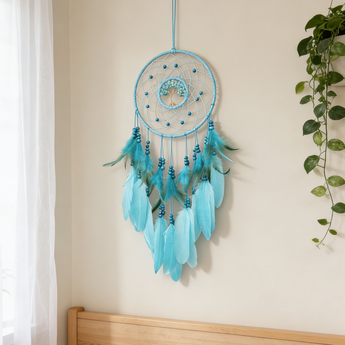Бирюзовый Dreamcatcher Древо Жизни подвеска перьями ветряной колокольчик индейский стиль декор для дома и сада Модель C