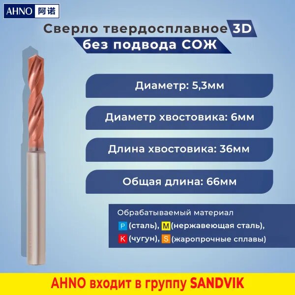 Ahno sverlo po metallu 5 3mm tverdosplavnoe 3d bez podvoda sozh sp x800030530 vhm ah00024