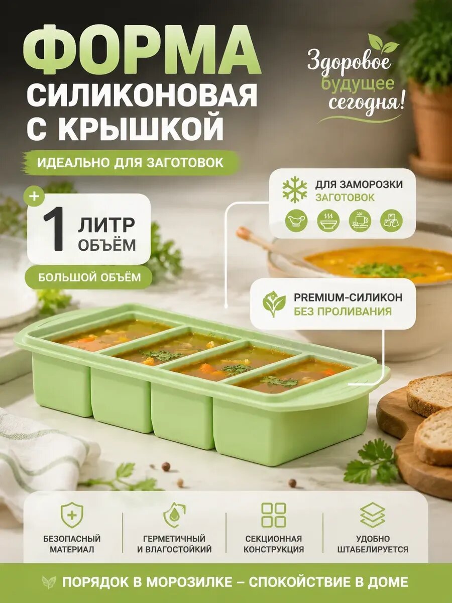 Силиконовая форма с крышкой для заморозки бульона, супа, чая