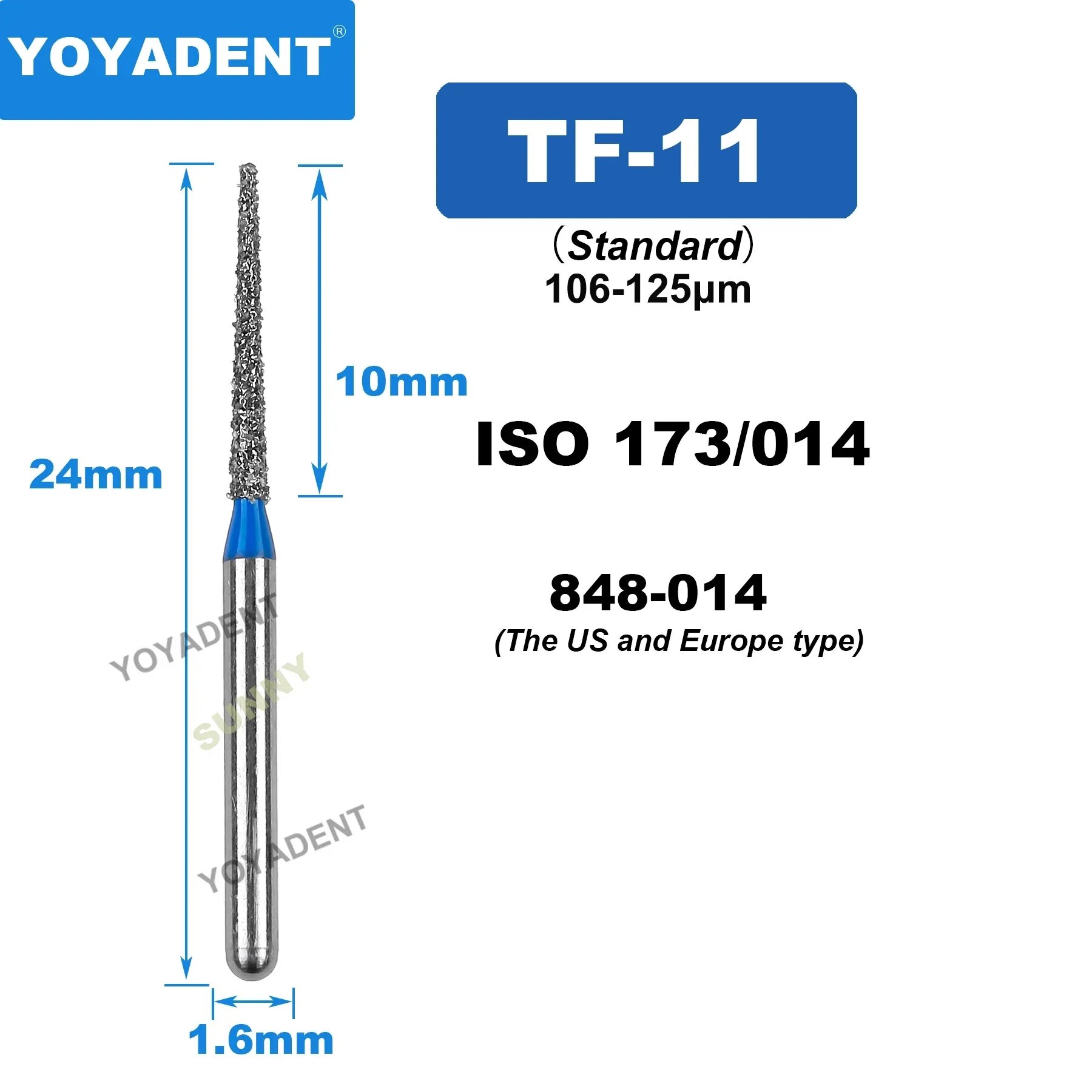 YOYADENT Стоматологические алмазные боры TF-типа 1,6 мм 10 шт. TF-11 10Pcs
