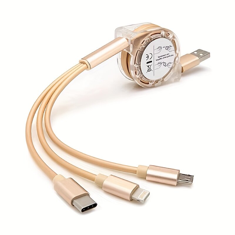 Выдвижной кабель 3-в-1 с USB и Type-C, золотистый