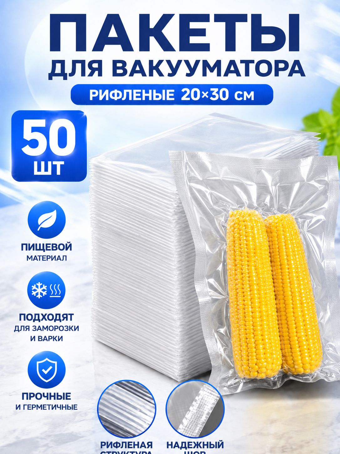 Пакеты для вакууматора рифленые 20х30 50 шт