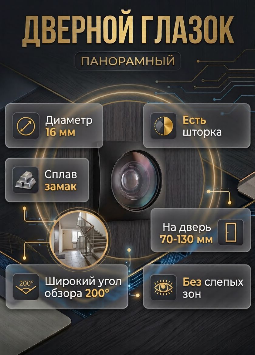 FUARO / Глазок для входной двери панорамный до 200 градусов для двери от 70 до 130 мм, черный