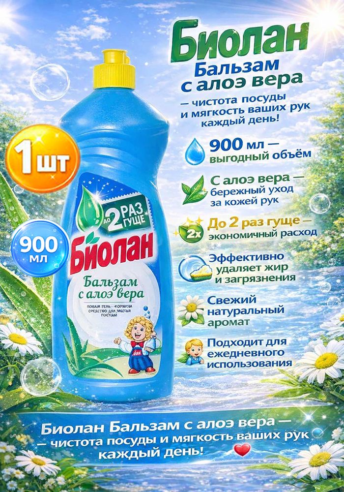 Бальзам для мытья посуды Биолан Алоэ Вера, 900мл х 1шт