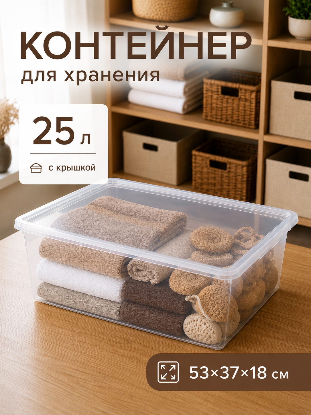 Контейнер для хранения с крышкой, пластик, 25 л, 38х53х17 см