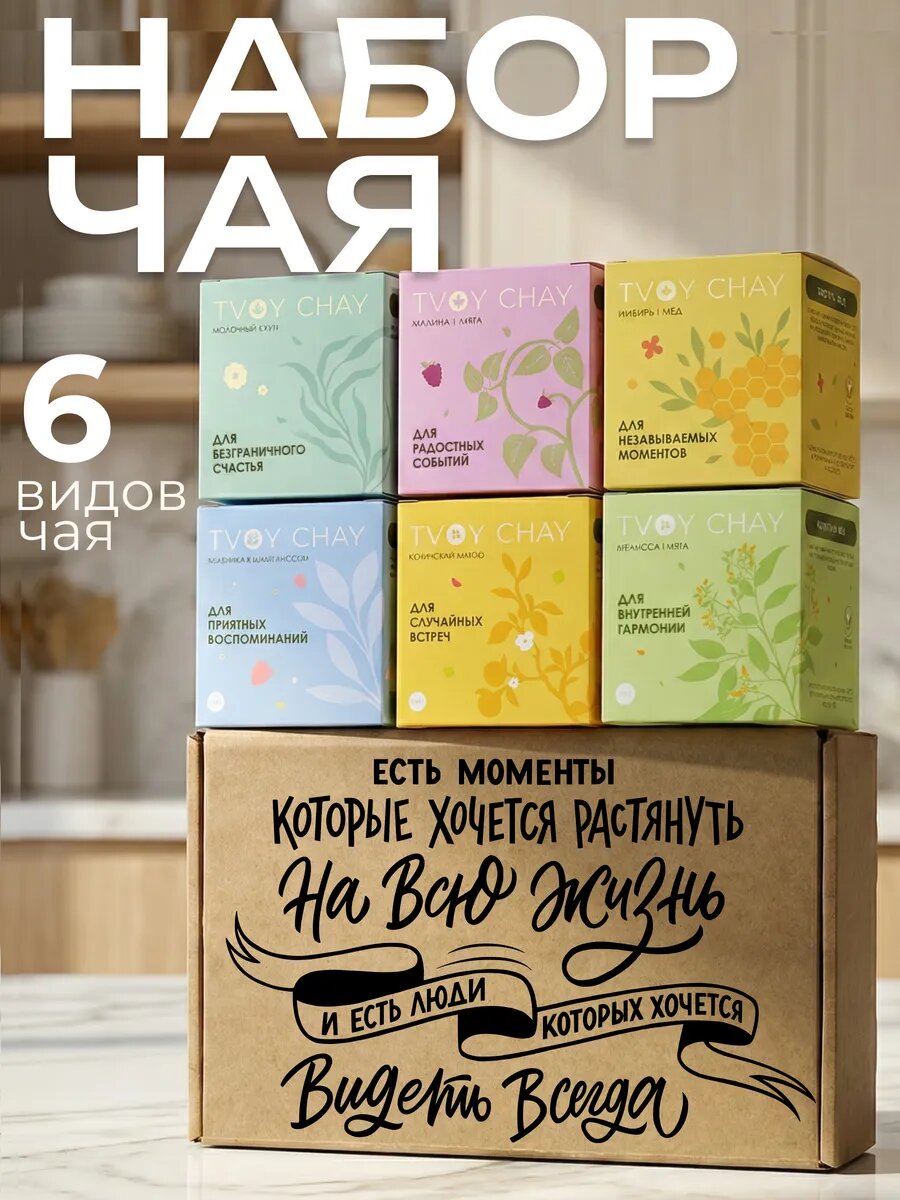Подарочный набор листового чая 6 вкусов. Черный и зеленый чай в боксе подарок подруге