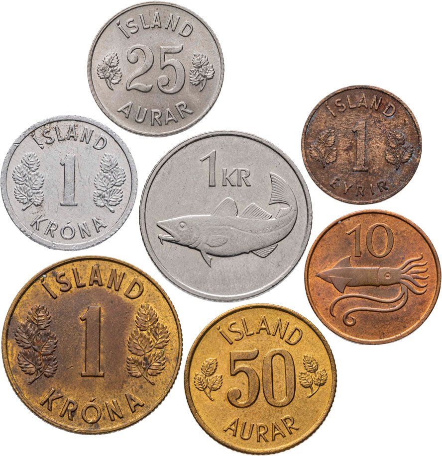 Исландия набор из 7 монет 1, 10, 25, 50 эйре и 1 крона 1946-2006, Мельхиор, Никелевая латунь, Алюминий, в сохранности VF-AU