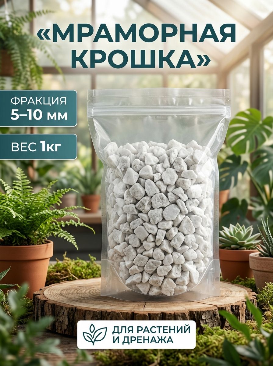 Мраморная крошка для растений 1кг фракция 5-10мм цвет белый