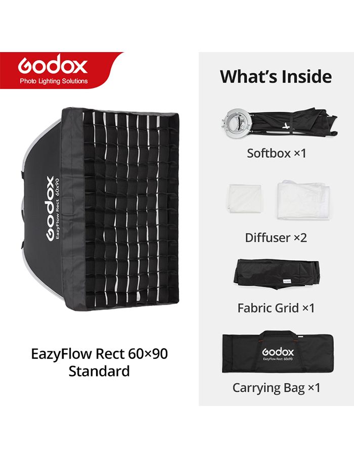 Godox EazyFlow Rect 60x90 Складной софтбокс с креплением Bowens, портативный светорассеивающий диффузор для фотостудийной вспышки и LED освещения