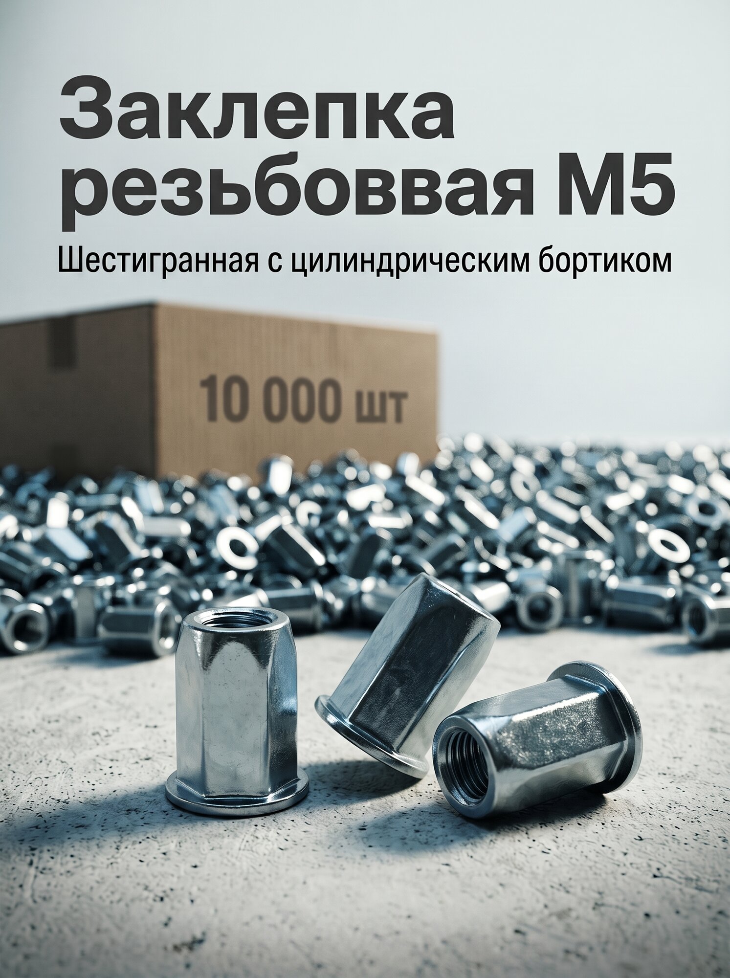 Заклепка резьбовая М5 шестигранная цилиндрический бортик белый цинк STARFIX 10000 штук (SM-14217-10000)