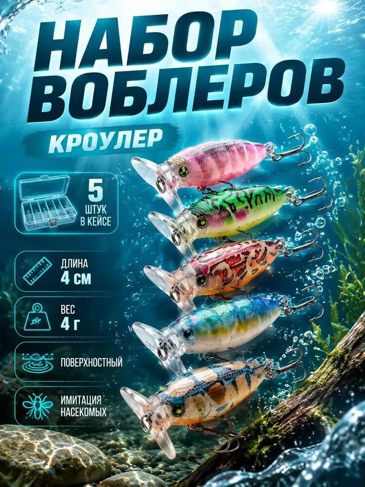 Набор воблеров "Кроулер" 5 шт. в кейсе, 4 см, 4 г