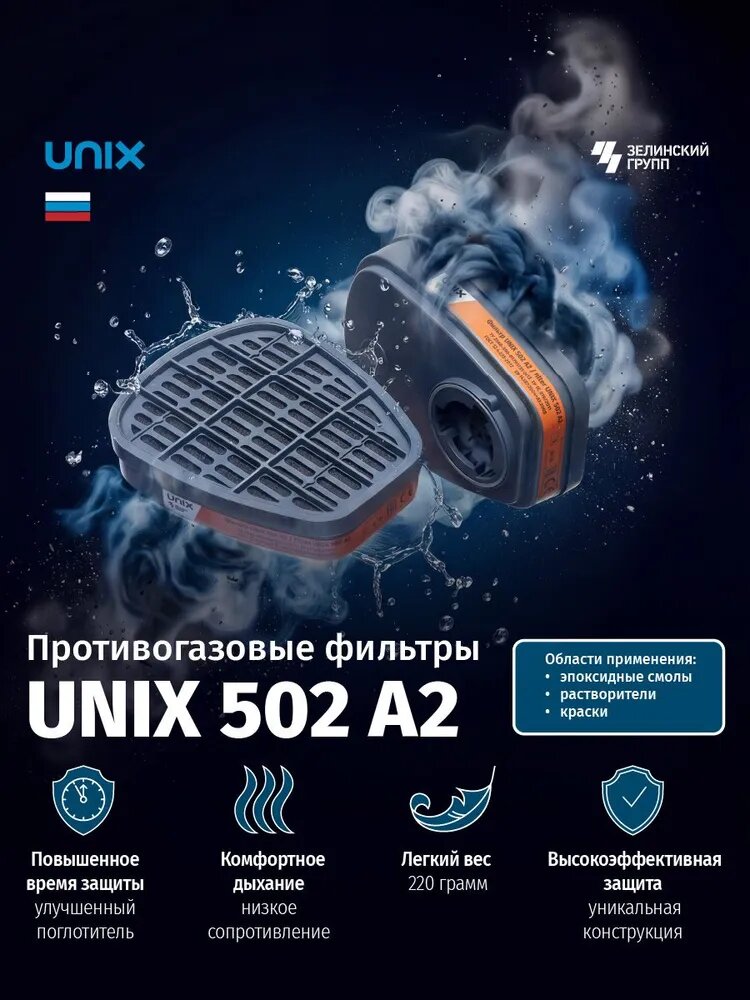Фильтр противогазовый UNIX 502 А2 для работы с краской, растворителями, эпоксидной смолой, клеями