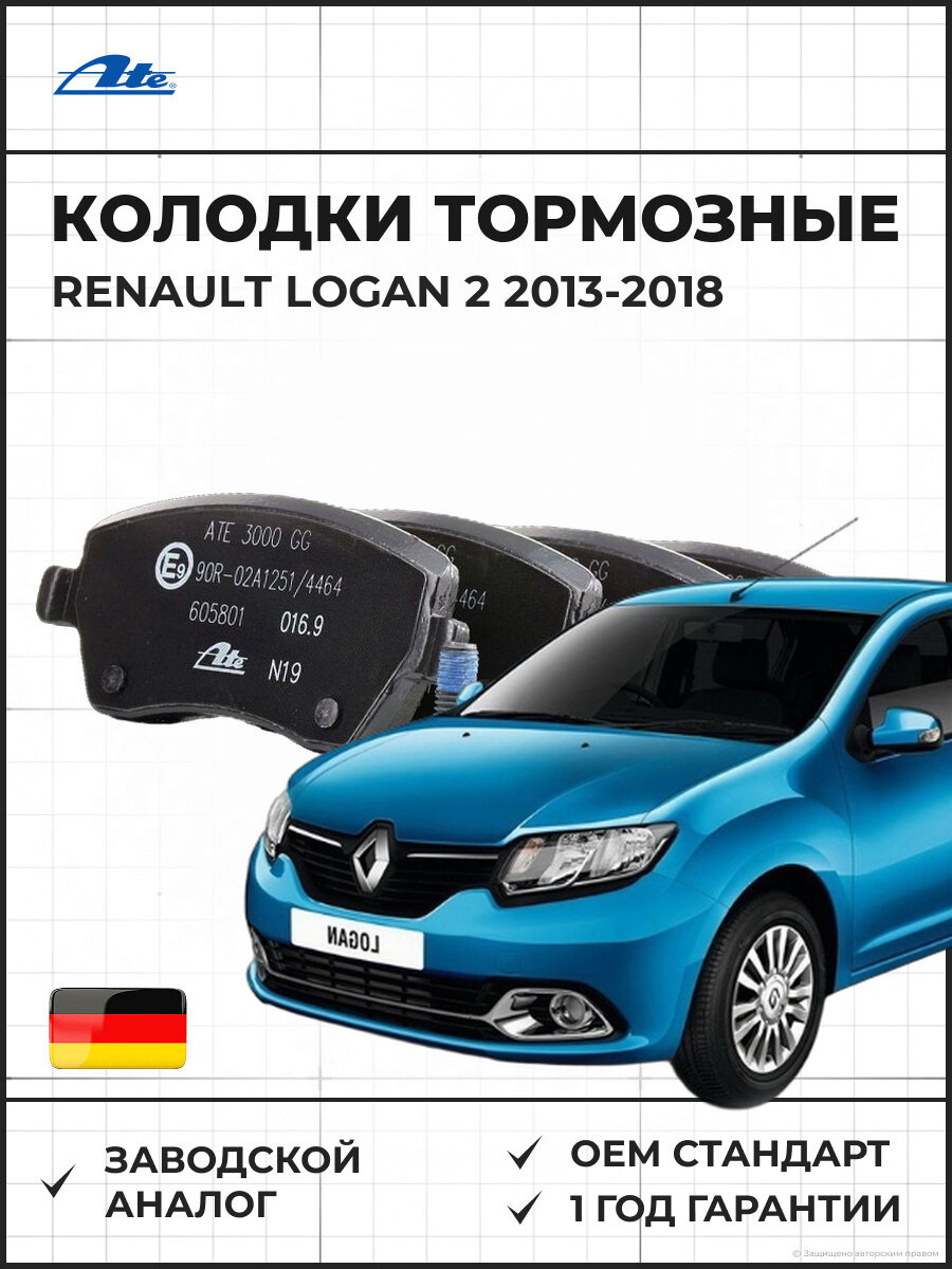 Колодки тормозные дисковые передние ATE 13046058012 Renault Logan 2 Рено Логан 2 2013-2018