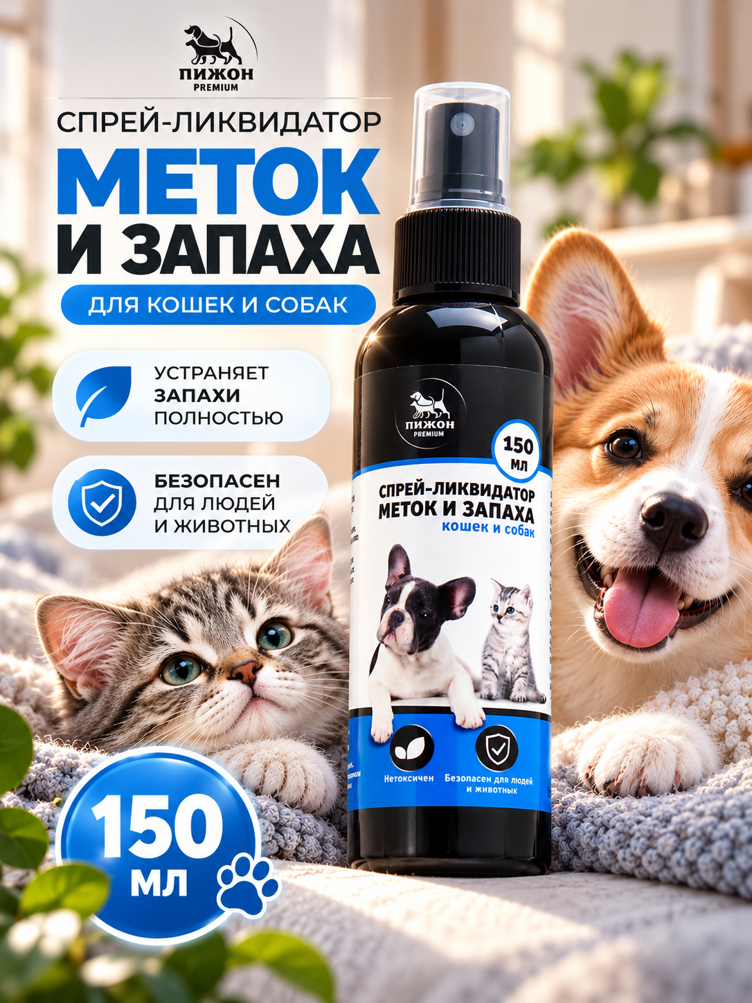 Спрей-ликвидатор меток и запаха "Пижон Premium" для кошек и собак, 150 мл