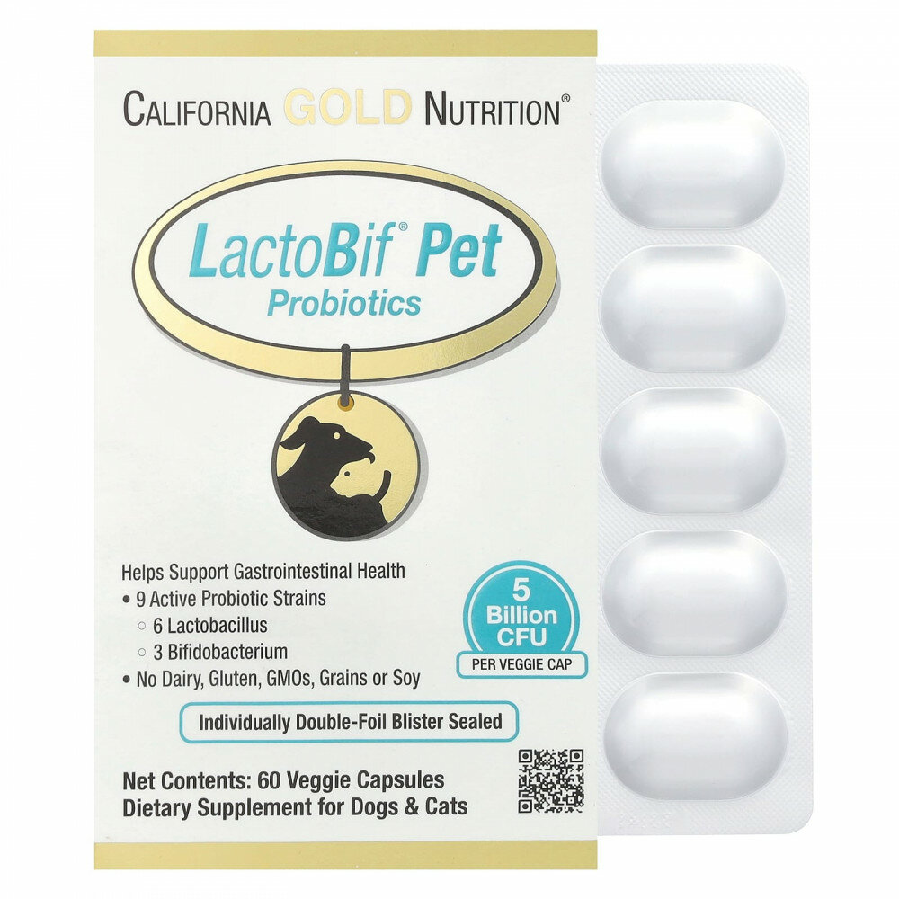 California Gold Nutrition LactoBif Pet, Пробиотики для питомцев, 60 веге-капсул из США