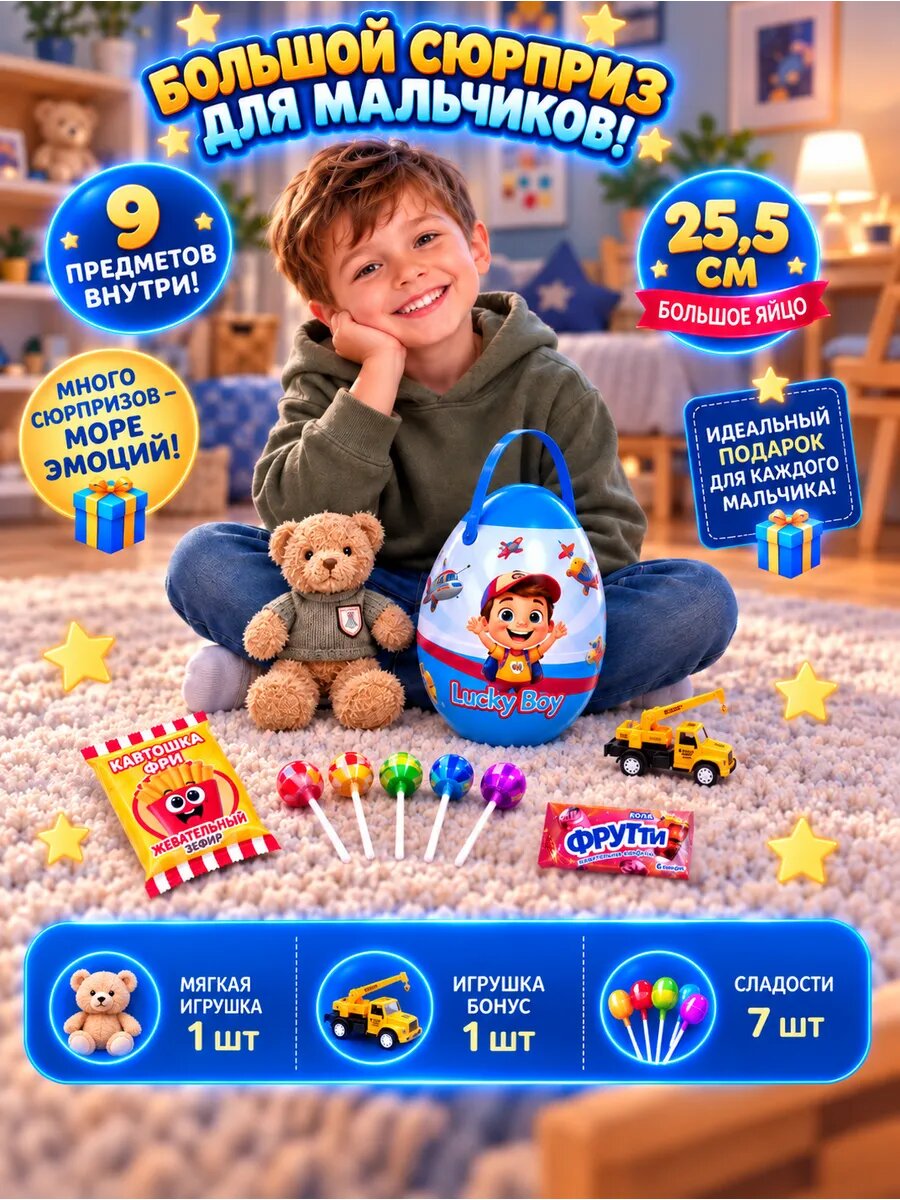 Подарочный набор для мальчика Lucky Boy, большое яйцо-сюрприз с игрушками и сладостями, 25,5 см